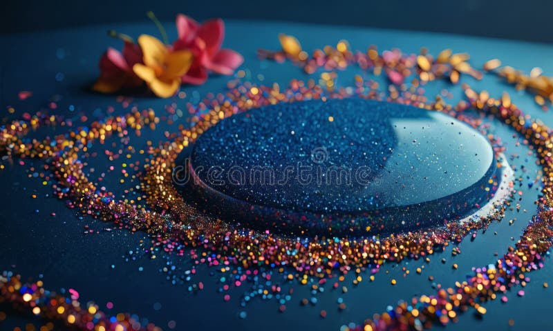Blue Circular Object Rests on Dark Blue Surface, Surrounded by Vibrant ...