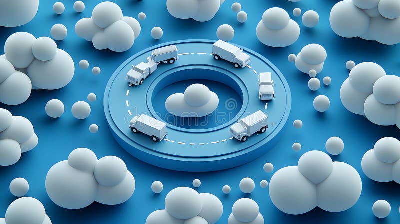 Blue Circular Road Surrounded by Clouds and Trucks Stock Illustration ...