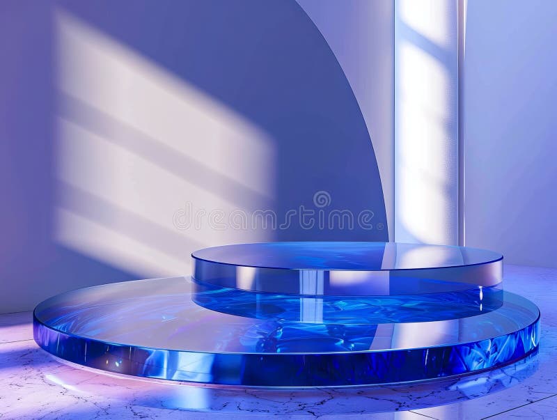 A Blue Circular Table with a Light on it Stock Photo - Image of wall ...
