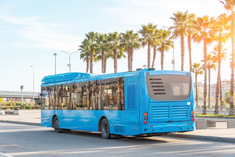 Blue City Bus at a Final Stop of the Route Stop Waiting for Passengers ...