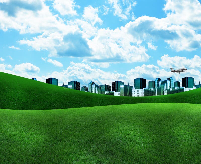Blue City with Green Grass and Clouds Stock Image - Image of area ...