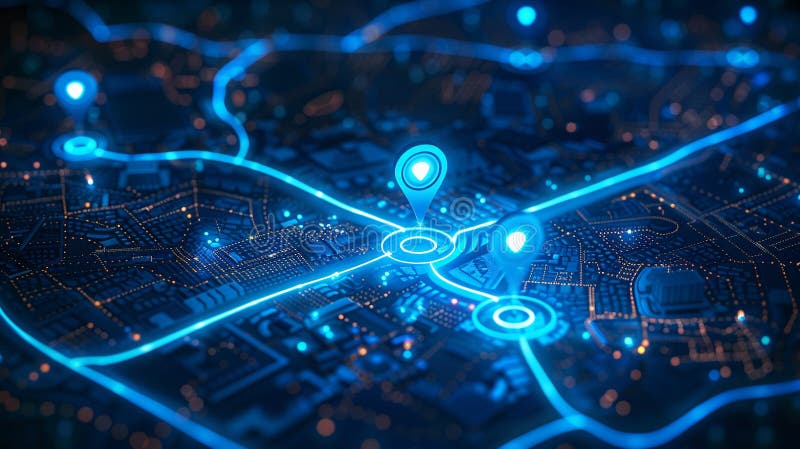 Blue City Map with Abstract Vector GPS Pins and White Connection Lines ...