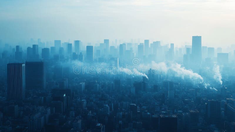 Blue City Skyline in Dense Fog at Dawn Stock Illustration ...