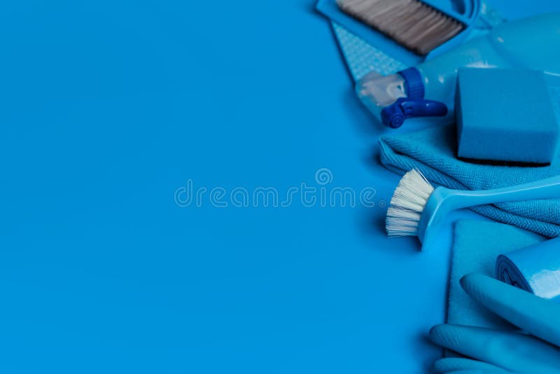 Blue Cleaning Kit for Housekeeping. Top View Stock Photo - Image of ...