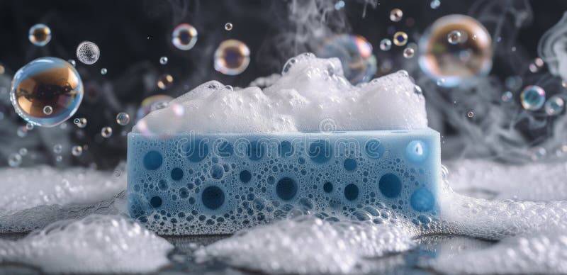 Blue Cleaning Sponge with White Foam and Bubbles Stock Photo - Image of ...