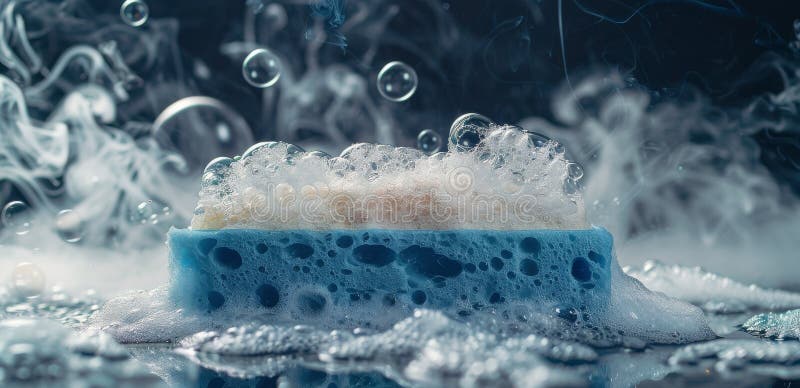 Blue Cleaning Sponge with White Foam and Bubbles Stock Image - Image of ...