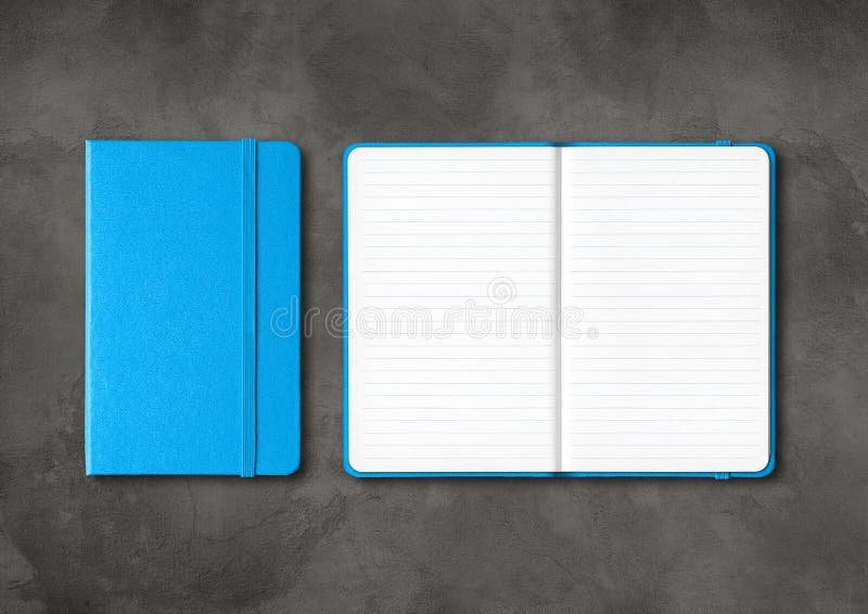 Blue Closed and Open Lined Notebooks on Dark Concrete Background Stock ...