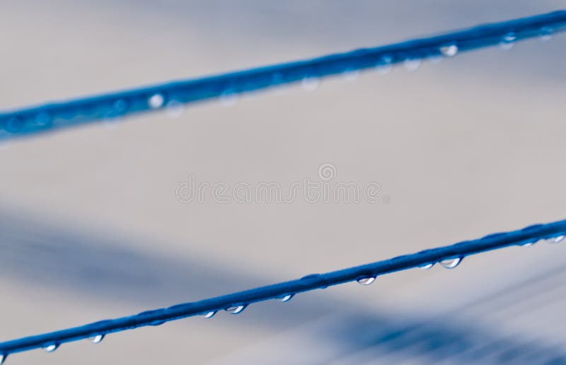 A Blue Clothing Line with Many Raindrops at the String in Front of a ...