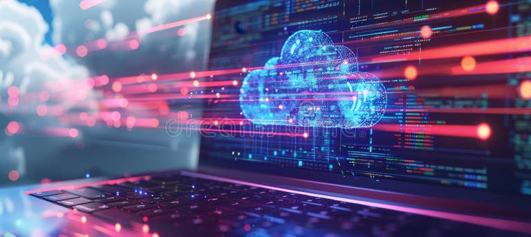 Blue Cloud Computing Data Over Laptop Keyboard, Digitalization and ...