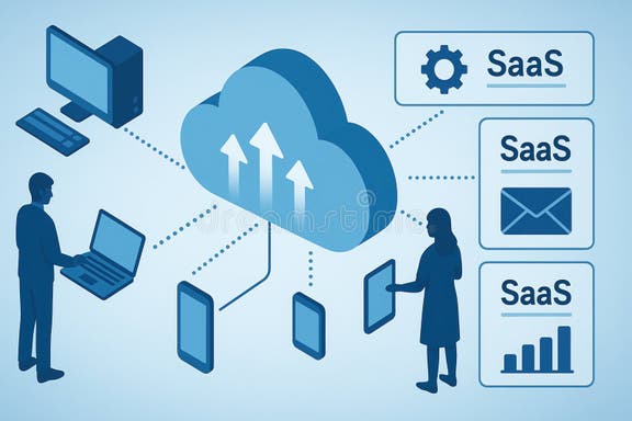 Blue Cloud Computing Illustration with SaaS Applications, Devices ...