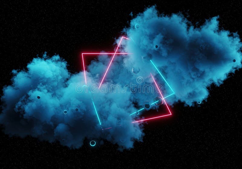 Blue Cloud with Geometric Neon Shapes on a Black Background. Stock ...