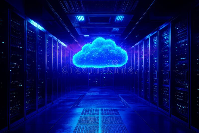 Blue Cloud Hovers in the Center of a Server Room, Surrounded by ...