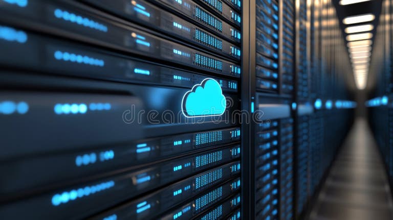 Blue Cloud Icon on Dark Server Racks in Data Center Stock Illustration ...