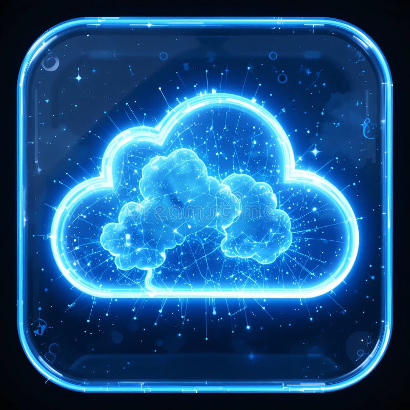 Blue Cloud Icon with Neon Glow on Gradient Background Stock ...