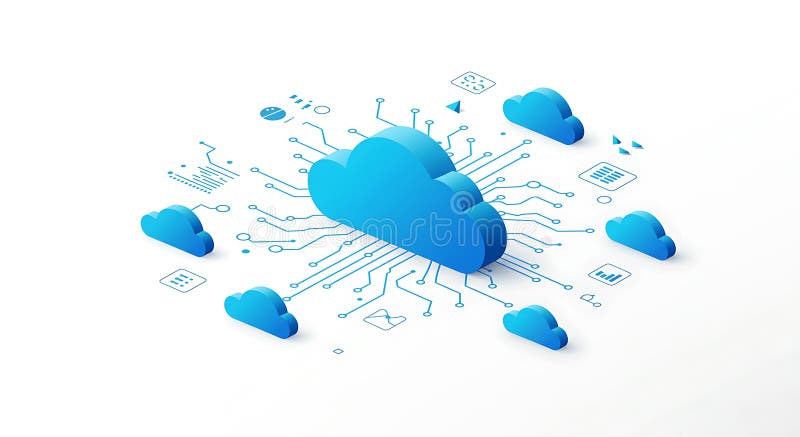 Blue Cloud Icons are Arranged on a White Background, with Digital ...