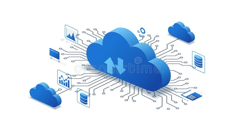 Blue Cloud Icons Represent Cloud Computing Infrastructure, Connected by Circuit- Stock ...