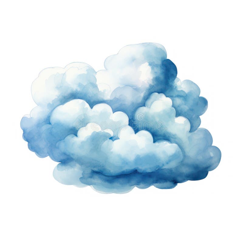 Blue Cloud Isolated on White Background. Watercolor Hand Drawn Cloud ...