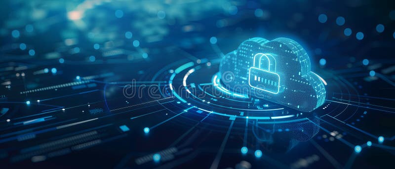 A Blue Cloud with a Lock on it. Digital Security Background. Hologram ...