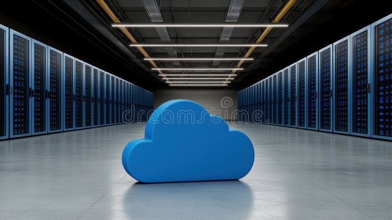 Blue Cloud Logo in a Modern Data Center with Servers in the Background ...