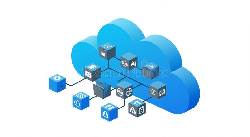 Blue Cloud Shape with Interconnected 3D Cubes, Symbolizing Cloud Computing and Dat Stock ...