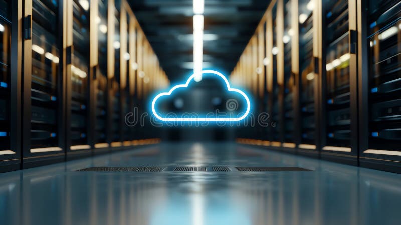 Blue Cloud Symbol Glowing Above Server Rack, Digital Data Storage ...