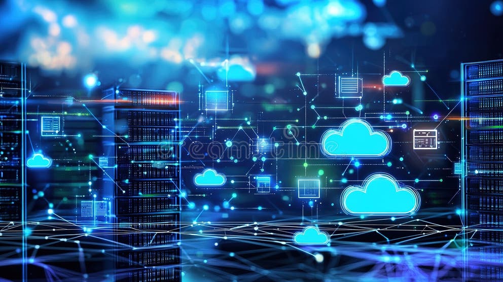 Blue Cloud Symbols Floating among Data Servers in a Digital Network at Night, Representing Cloud ...