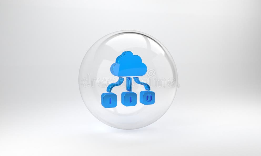 Blue Cloud Technology Data Transfer and Storage Icon Isolated on Grey Background. Glass Circle ...