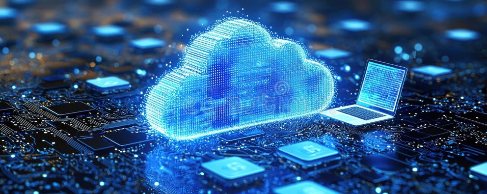 Blue Cloud Technology Icon with Digital Chips and Laptop Interface Stock Image - Image of ...