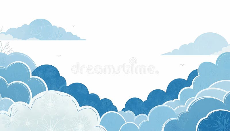 Blue Clouds Border Illustration Frame with Birds Against White Sky ...