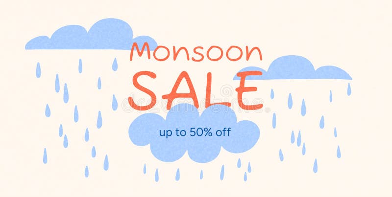 Vector Illustration with Cartoon Clouds Raindrops and Monsoon Sale Text ...