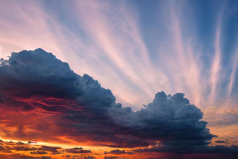 Blue Clouds with Golden Rays of Sun Against Backdrop of Sunrise of ...