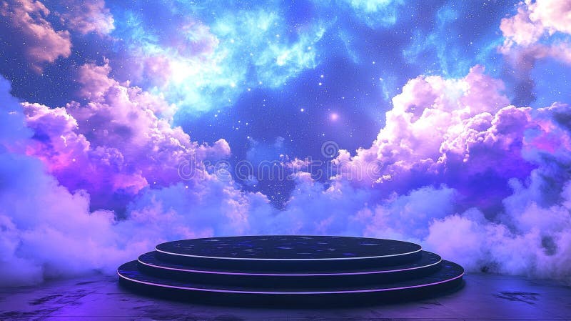 Blue Clouds and a Starry Sky Backdrop Surround an Empty Stage. Stock ...