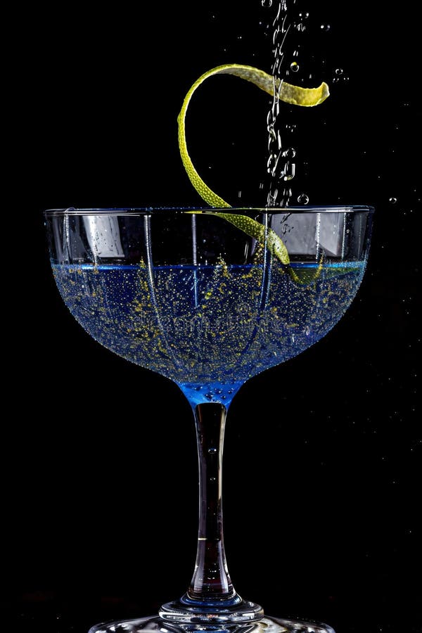 Blue Cocktail Being Prepared with a Splash of Liquid and Lemon Twist ...