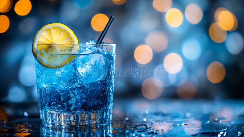 Blue Cocktail Drink Garnished with Lemon Slice Stock Illustration ...