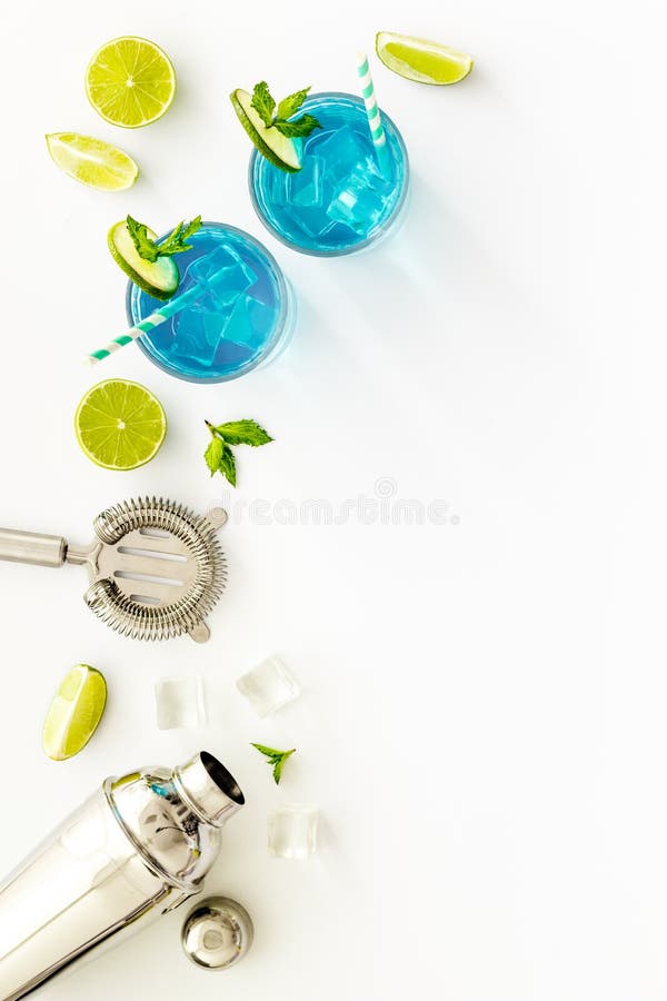 Blue Cocktail Drinks with Bar Tools and Ice, Top View Stock Photo ...