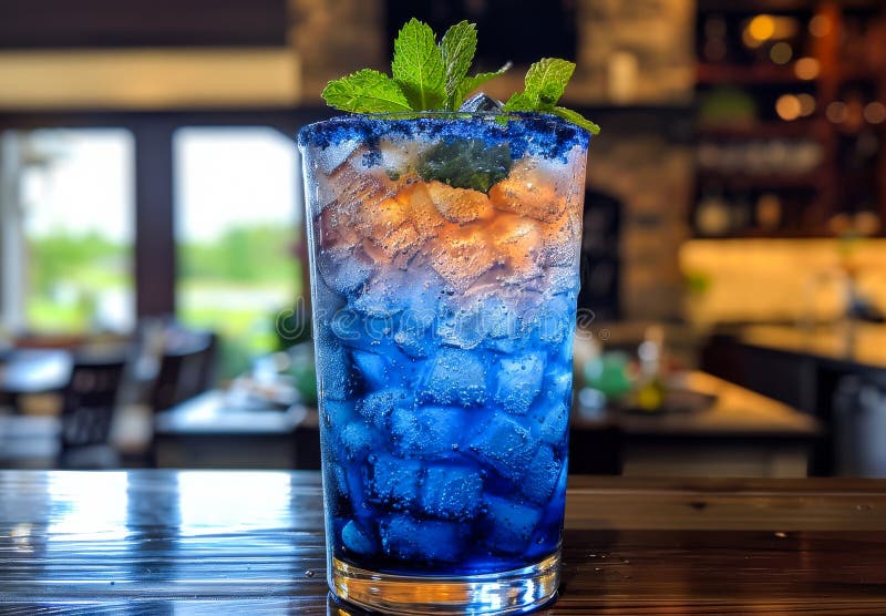 Blue Cocktail with Ice and Mint on the Table Stock Image - Image of ...