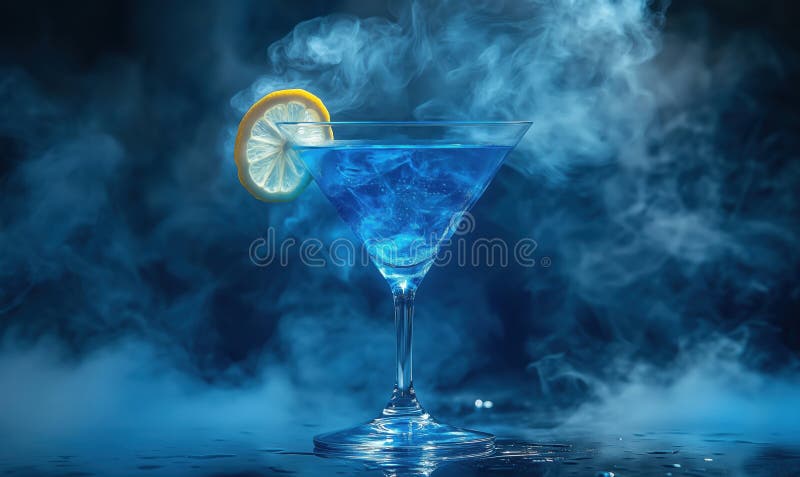 Blue Cocktail with Lemon Slice in Elegant Glass Surrounded by Smoke ...