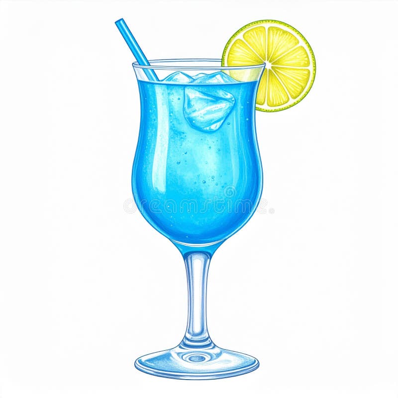 Blue Cocktail with Lime and Ice in a Glass Stock Illustration ...