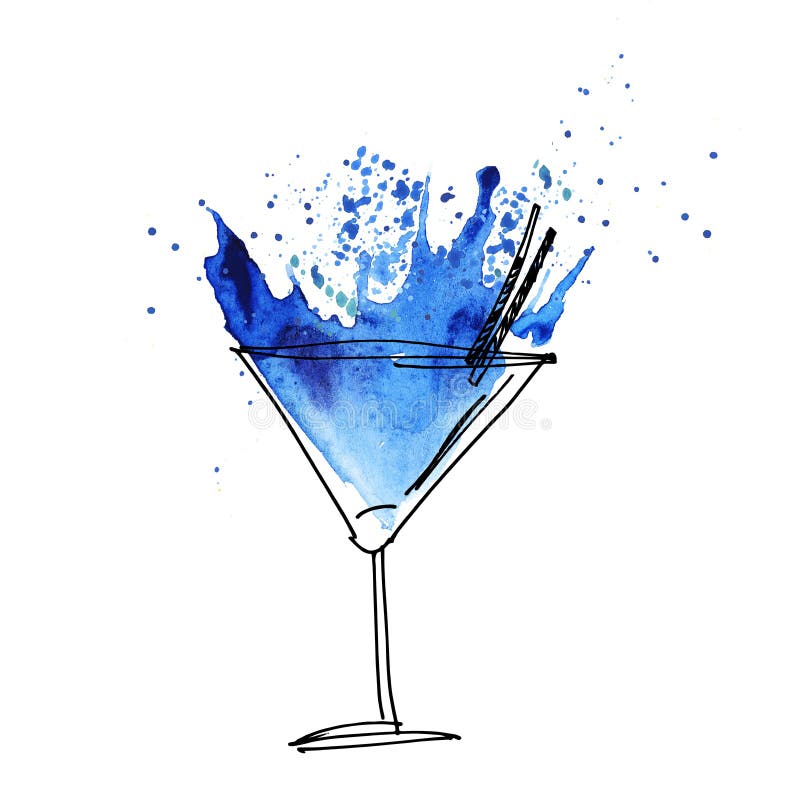Blue Cocktail Splash Watercolor Illustration. Stock Illustration ...