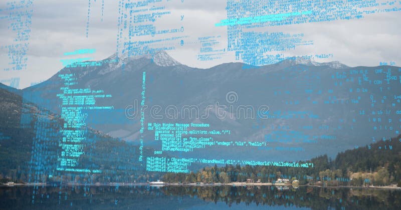 Blue Code Against Mountain and Water Stock Photo - Image of river ...