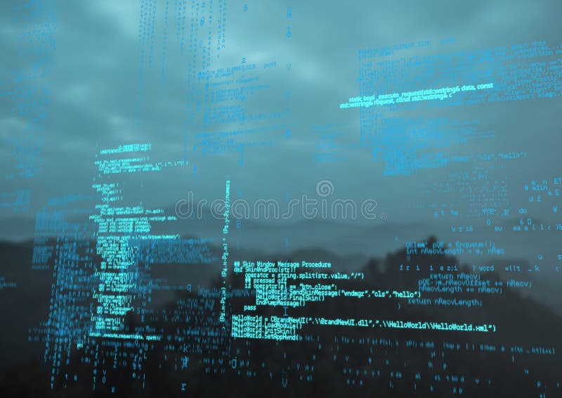 Blue Code Against Mountains at Night Stock Illustration - Illustration ...