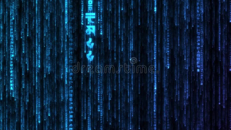 Blue Code Matrix Rain 3d. Digital Glyphs Approaching and Falling in ...