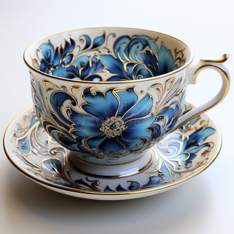 Vintage Blue and White Floral Cup Realistic Hyper-detailed Watercolor ...