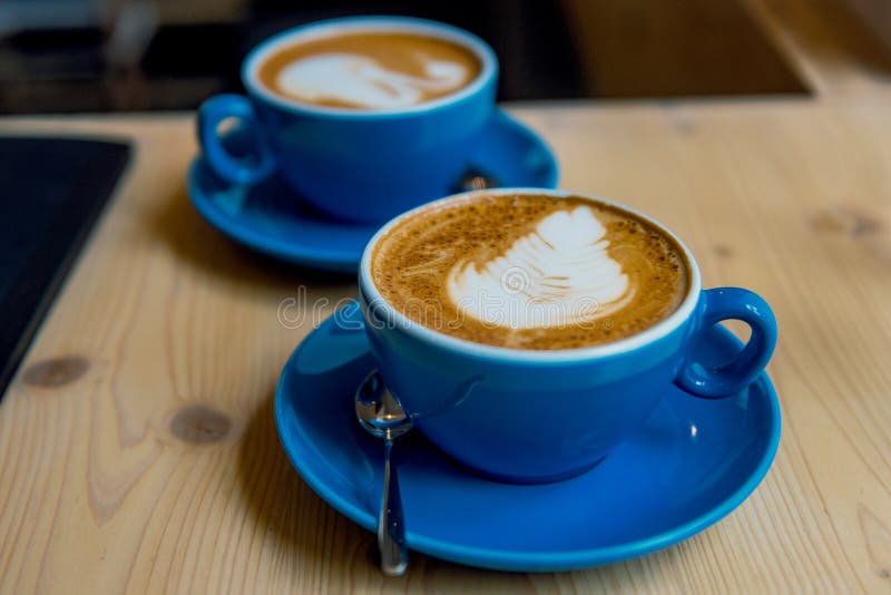Blue Coffee Cups - Coffee Art Stock Photo - Image of froth, drink ...