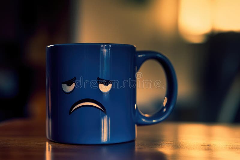 A Blue Coffee Mug with a Sad Face Printed on it Stock Photo - Image of ...
