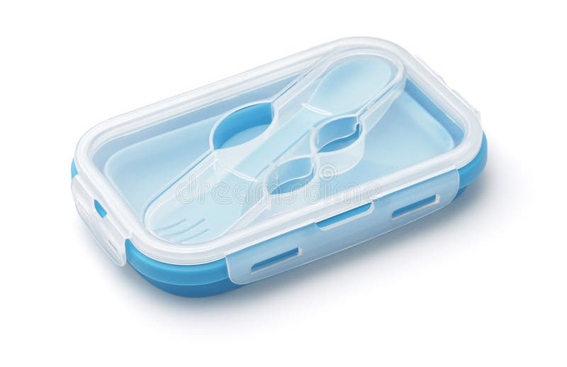 Blue Collapsible Silicone Lunch Box with Spork Stock Image - Image of ...