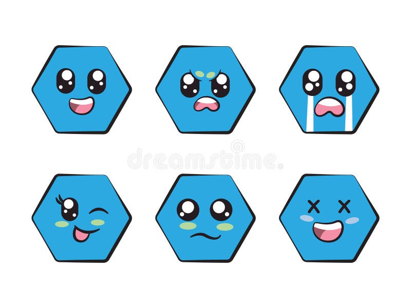 Blue Color Hexagon Shape with Expression Smile Angry Crying Wink Eye ...