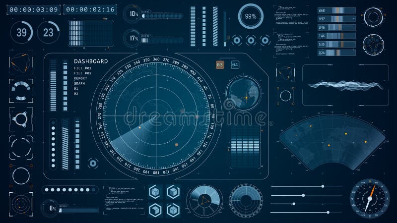 Blue Color Sonar Radar Screen Searching an Object with Futuristic Head ...