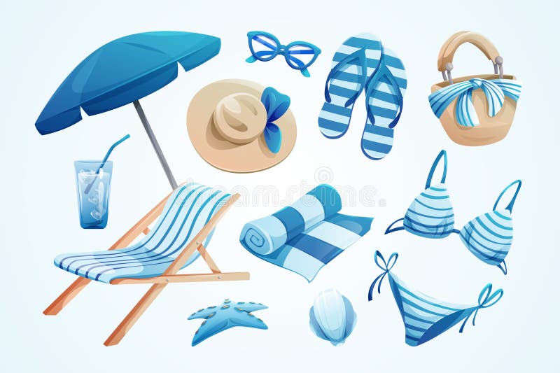 Blue Color Themed Summer Element Set Stock Illustration - Illustration ...