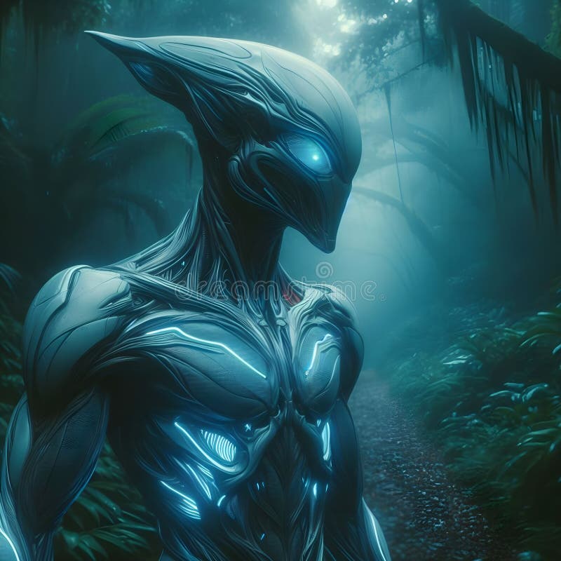 Blue Colored Alien Creatures with Soft Neon Lights in the Forest. Stock ...